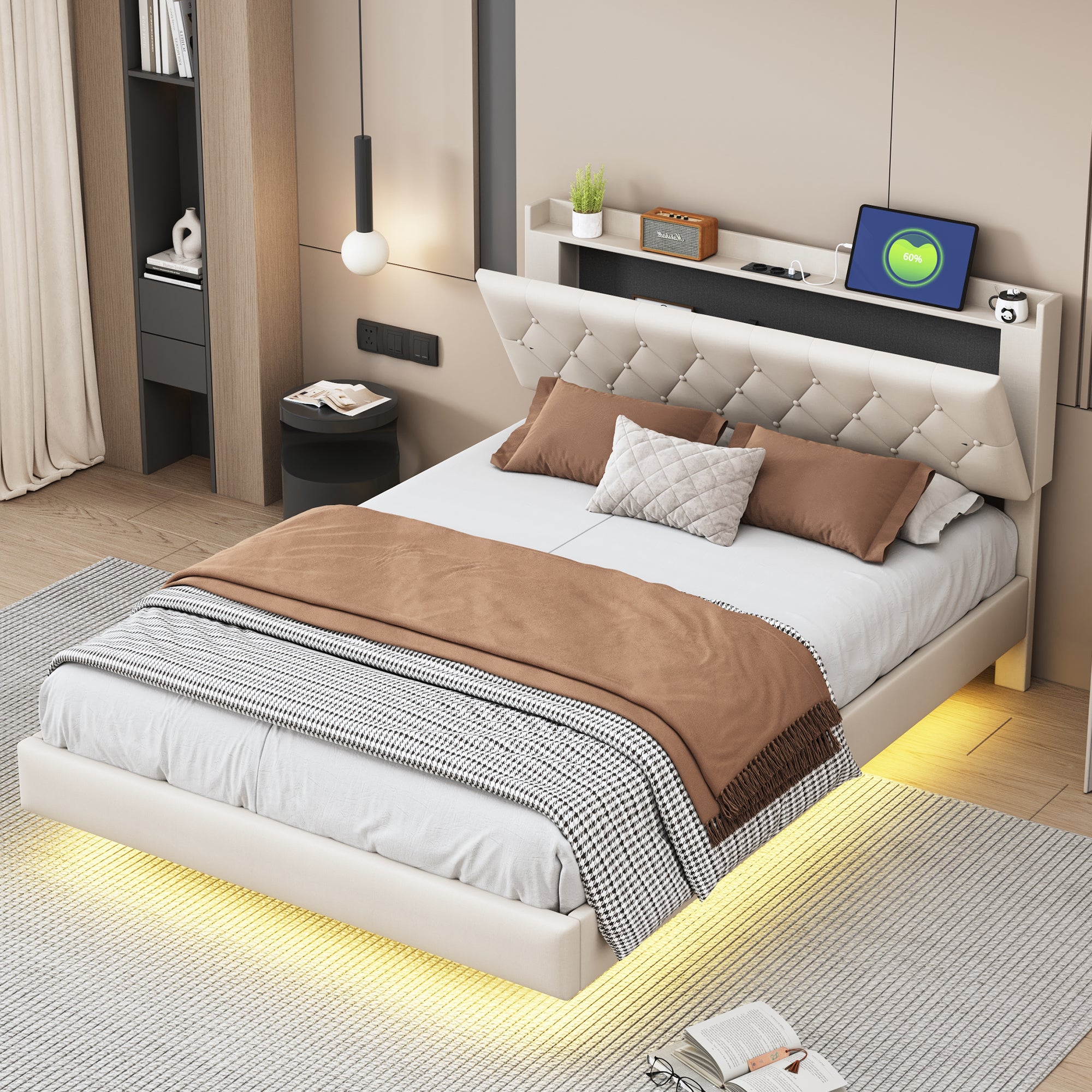 Cama Doble 140x200 cm LED RGB con USB Lino Hipoalergénico Beige (Sin ...