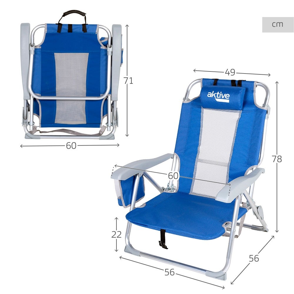 Silla de playa y tumbona 7 posiciones azul c/cojín y bolsillos Aktive ...