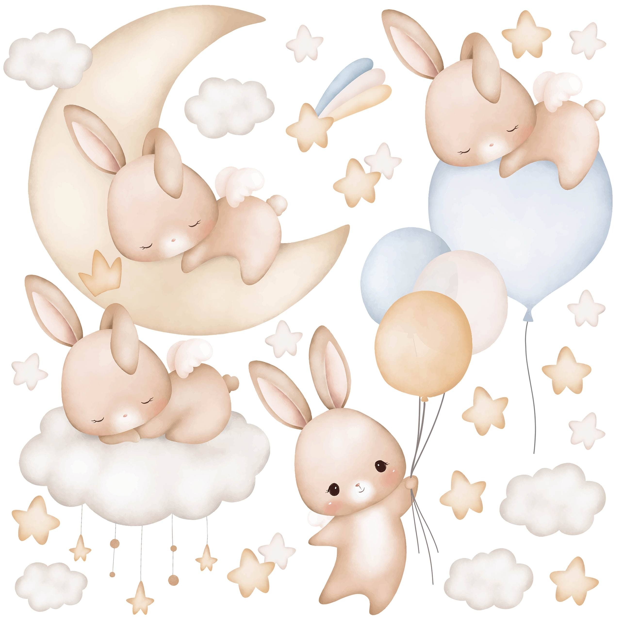 Muralo Set de Sticker Pour Enfant LAPINS Animaux Nuages Étoiles 60 x 30 ...
