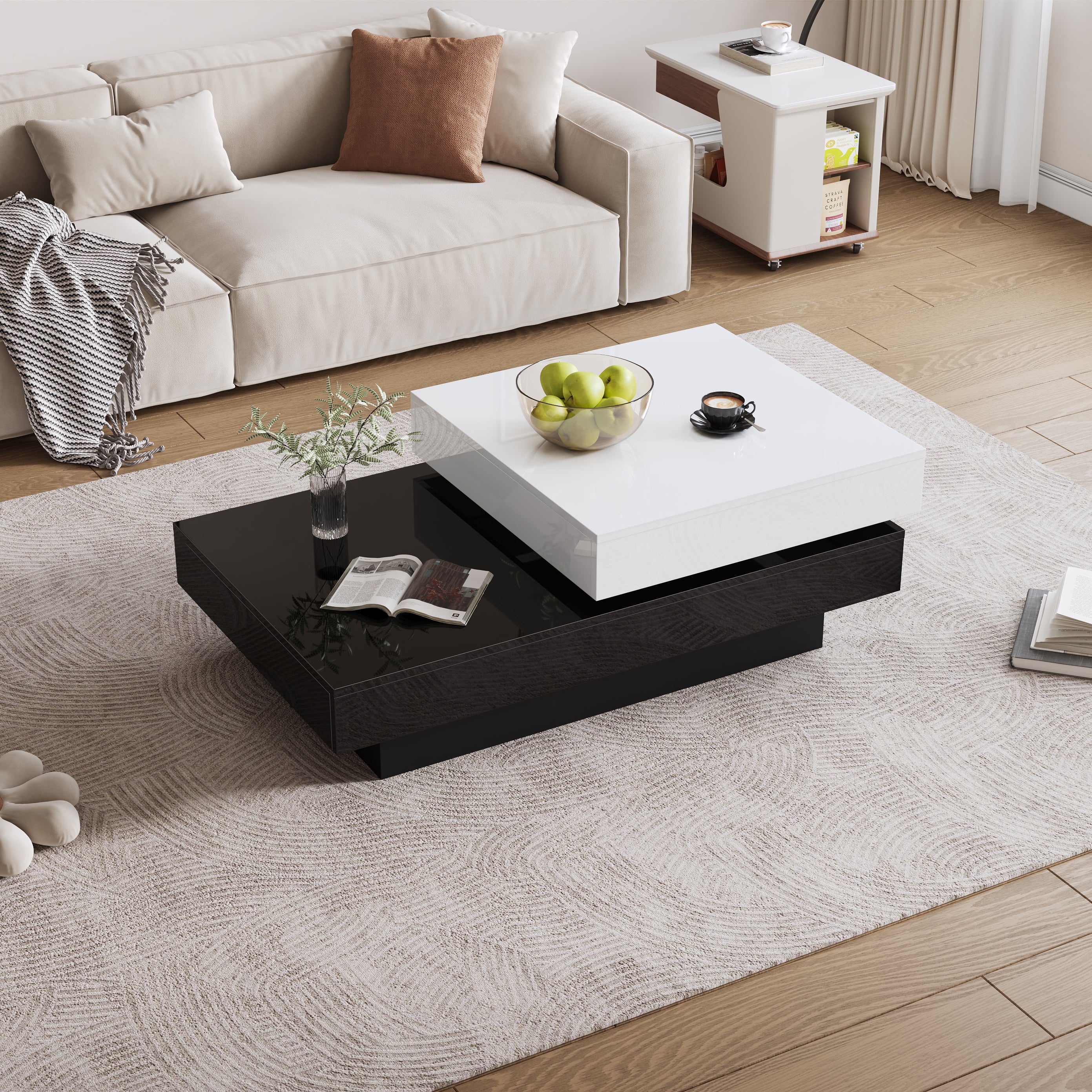 Table basse rotative, simple et moderne avec coutures noir/blanc ...
