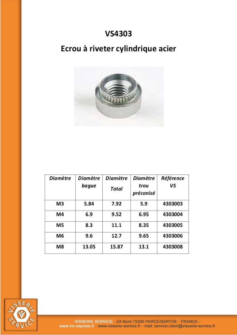 Écrou à riveter Cylindrique M8 Épaisseur tole 2.9A3.1 Acier zingué ...