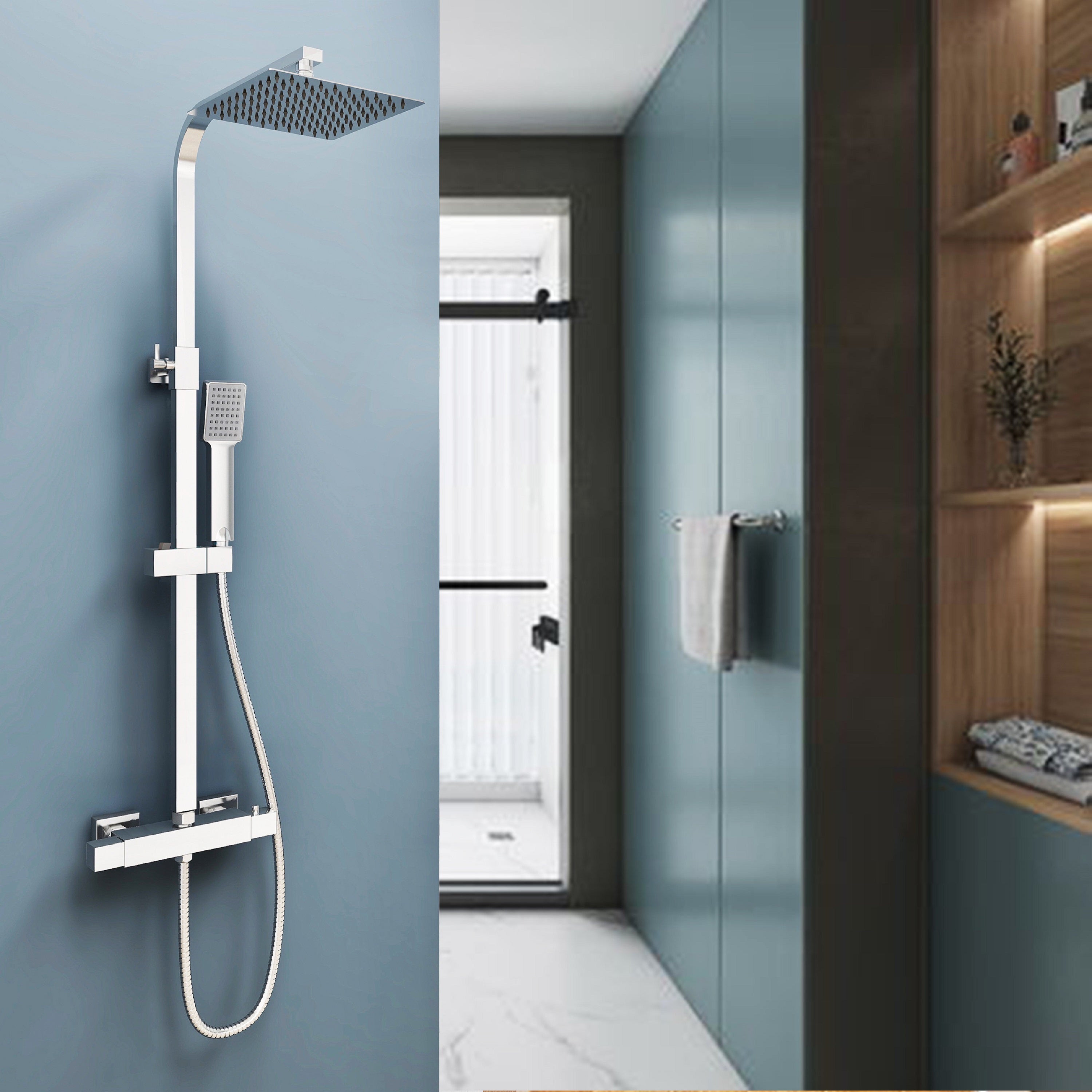 AICA Columna de Ducha con Termostato 38℃, Cuadrada Plata Ducha Lluvia ...