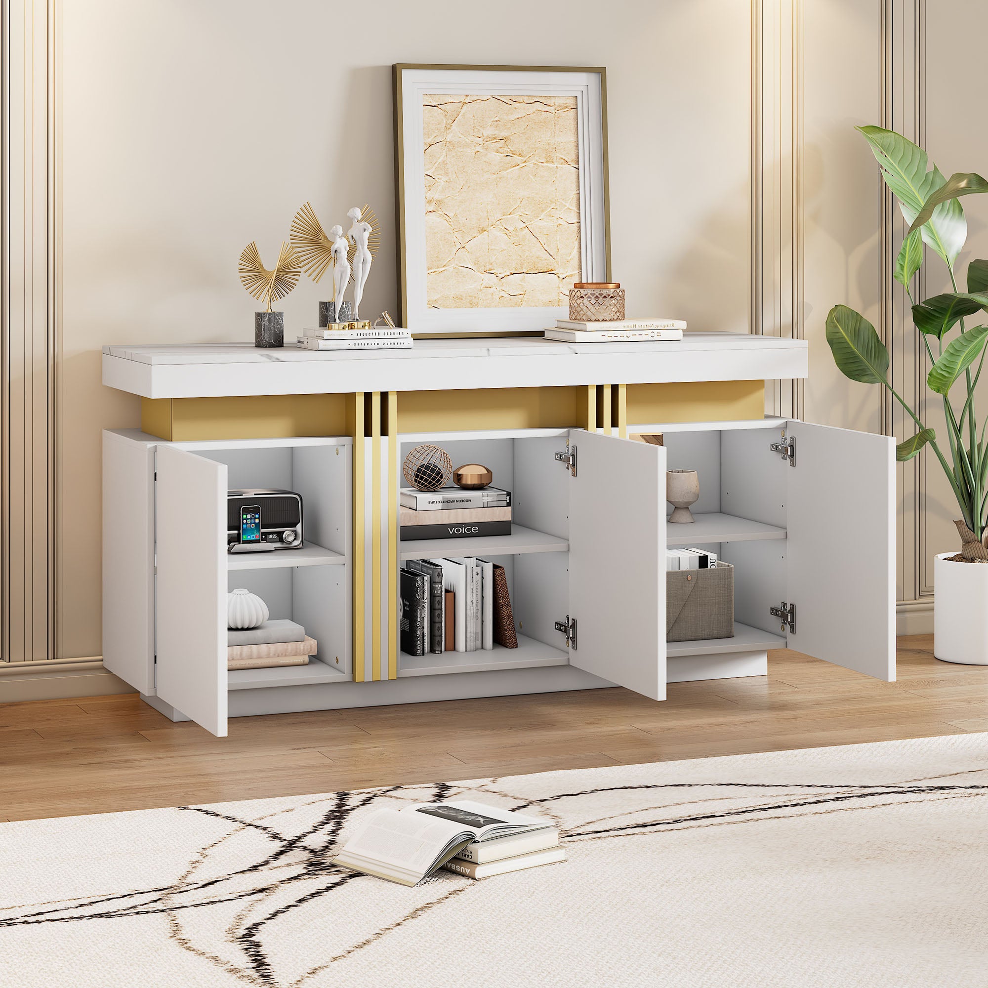Buffet moderne blanc 140×38×70 cm – 3 portes avec panneaux réglables ...