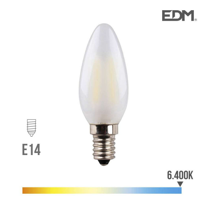 Bombilla LED EDM Filamento Vela Cristal Mate E14 4,5W 470lm 6400K Luz Fría Ø3,5x9,8cm | Leroy Merlin