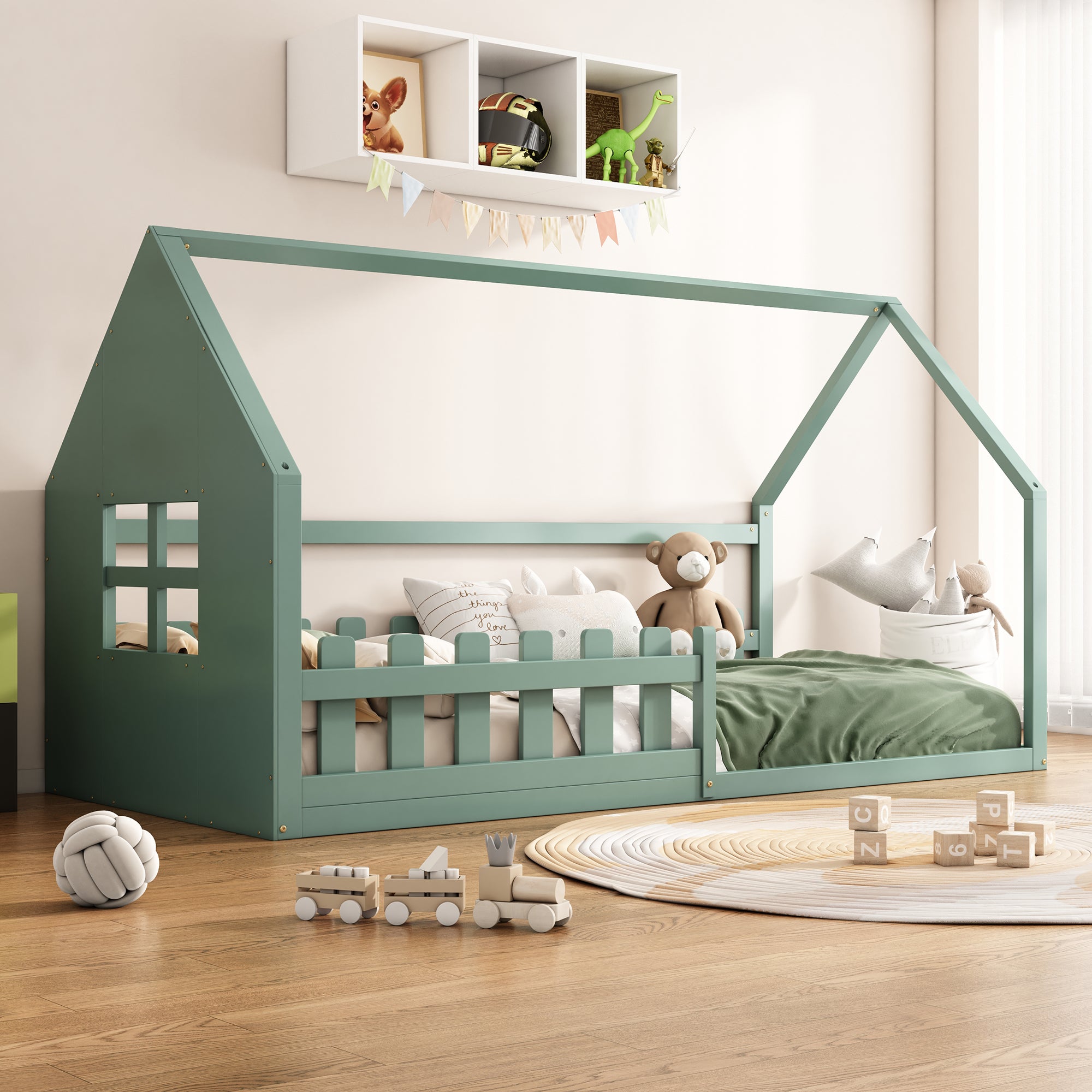 Lit enfant 90x200cm design maison sécurité robuste bois et MDF vert ...