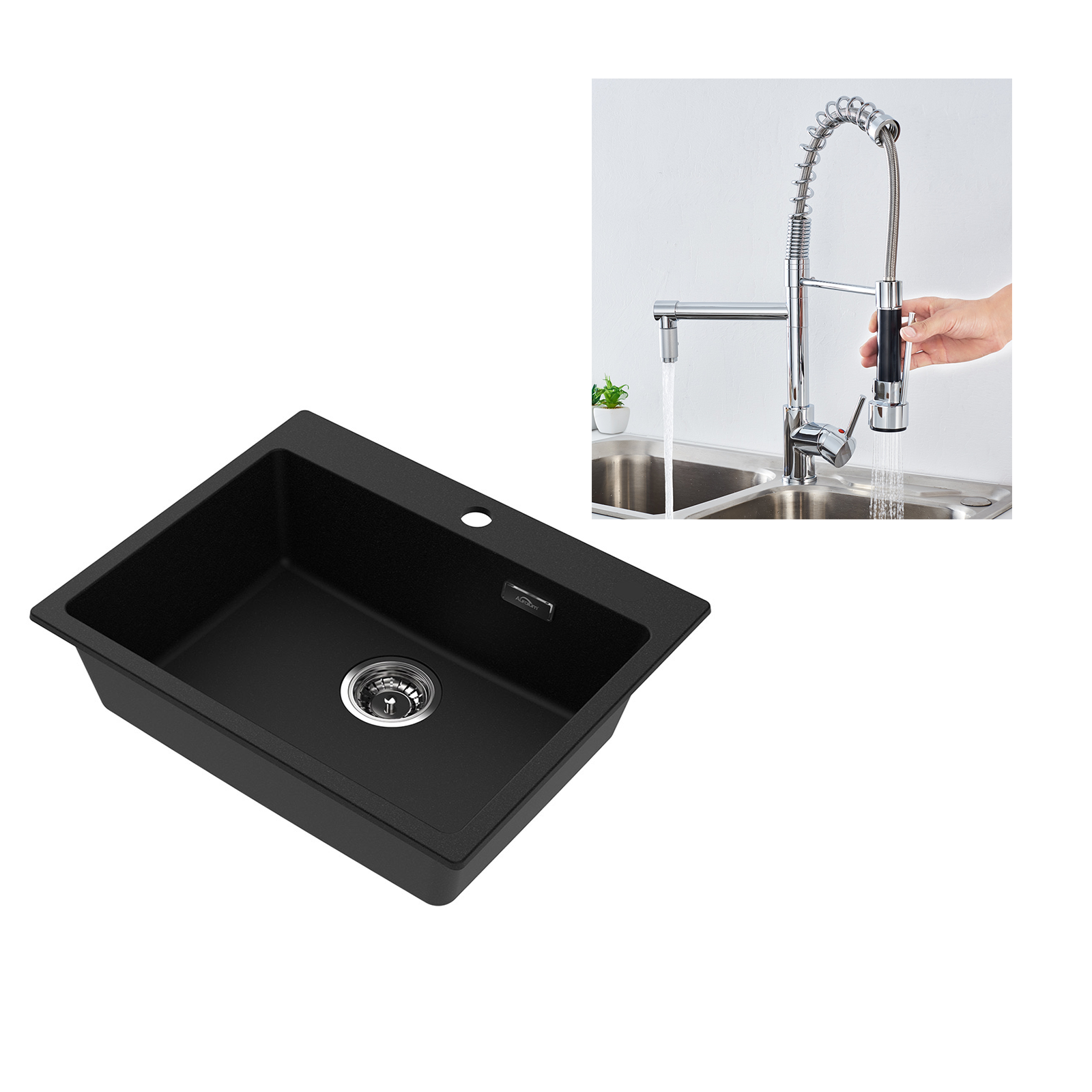 1 Bac Évier Cuisine en Granit,55*45*20cm,Kit de Vidage,Noir+Robinet ...