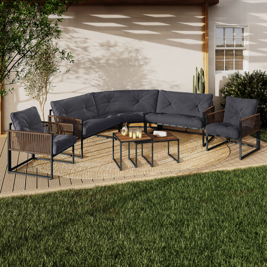 IDMARKET Salon de jardin bas RIO 8 places salon d'angle structure métal ...
