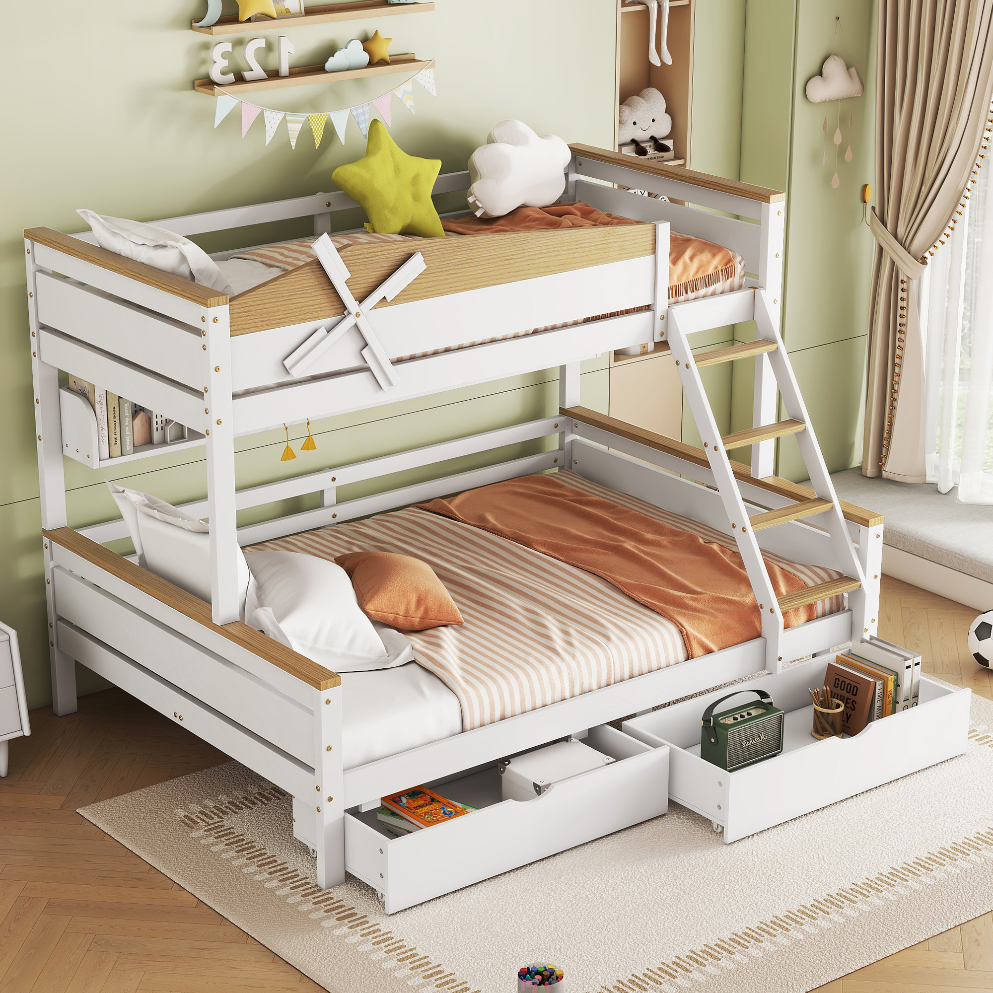 Lit superposé enfant 90 x 200 cm et 140 x 200 cm avec étagères, grille ...