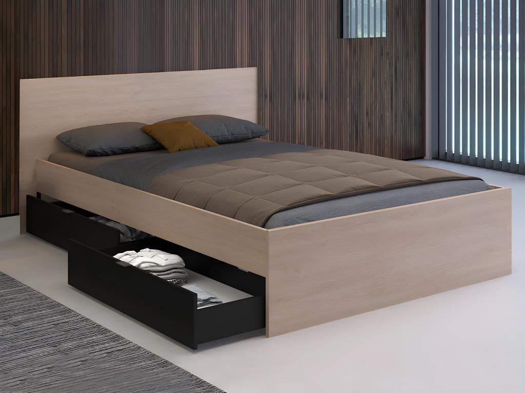 Cama con 2 cajones 140 x 190 cm - Color: natural y negro + Somier ...