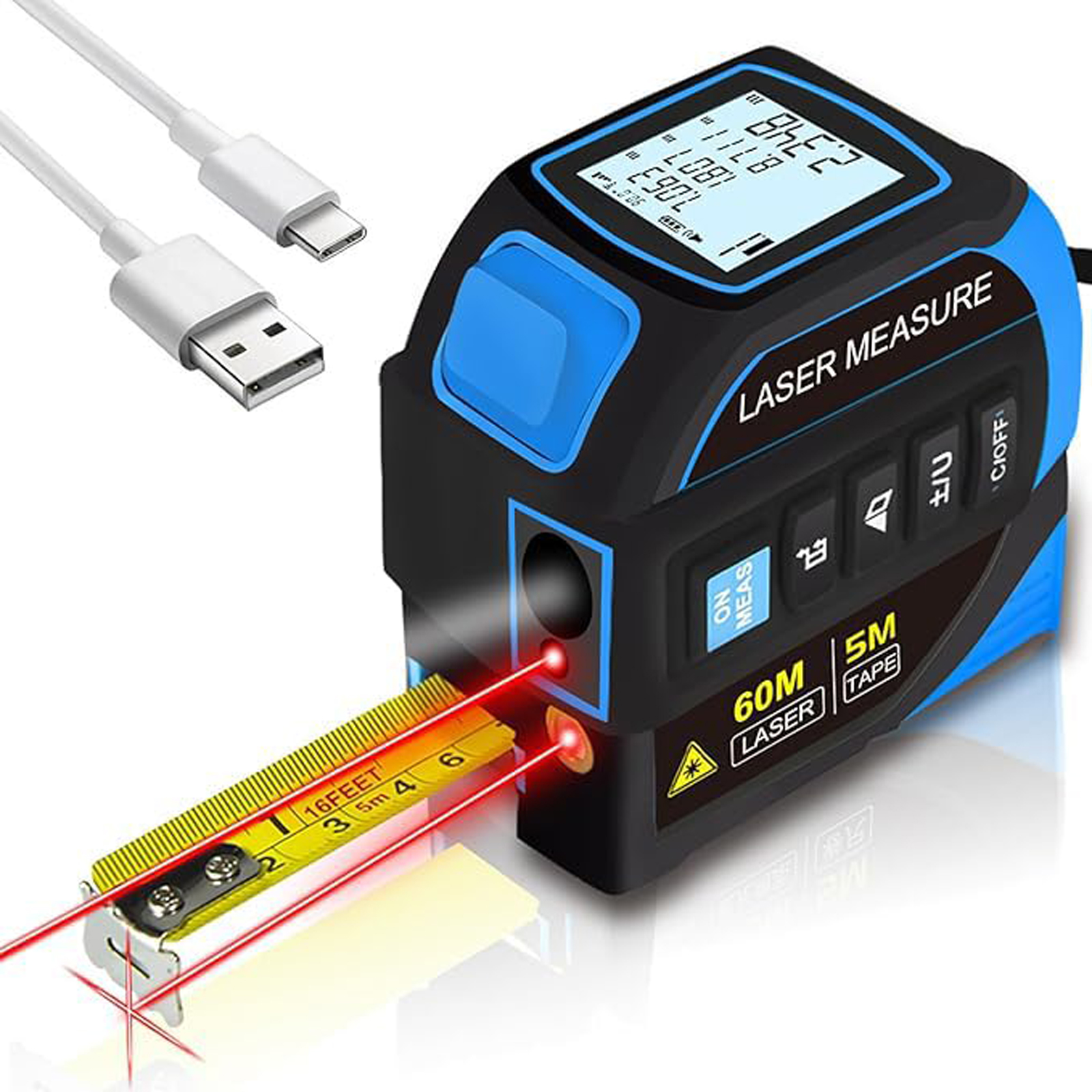 Mètre ruban laser numérique 4 en 1 60 m avec ruban 5 m, niveau ...