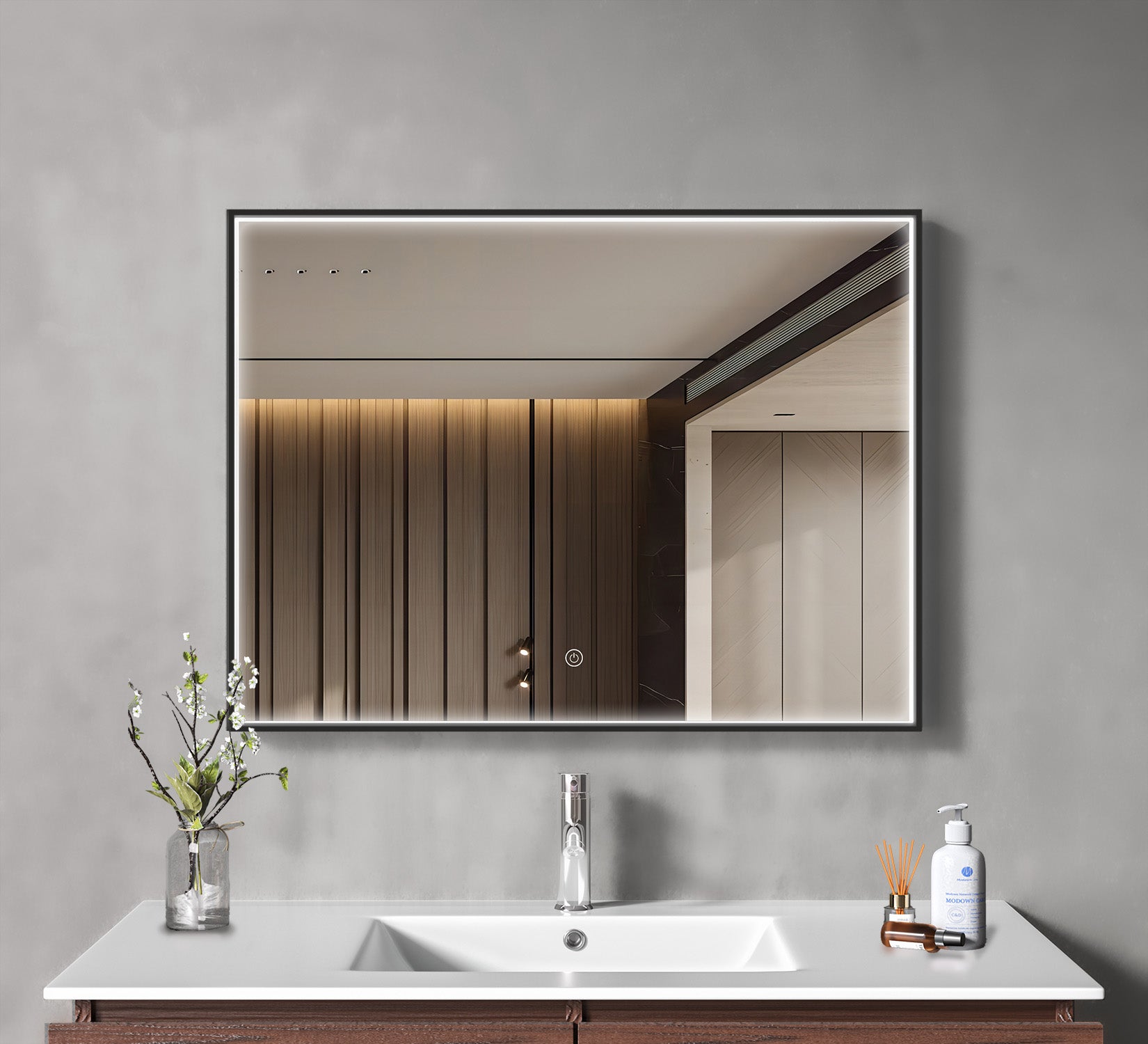 Espejo de baño con luz LED 80 x 60 cm negro, rectangular, antivaho, 3 ...