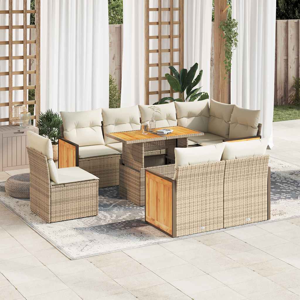 Muebles de jardín con cojines 9 piezas resina tejida de acacia beige ...