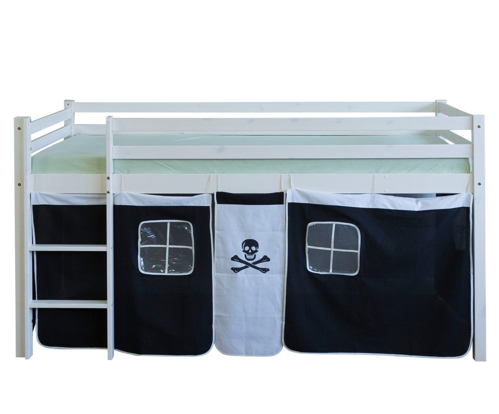 Lit mezzanine 90x200cm avec échelle en bois blanc et toile noir pirate ...