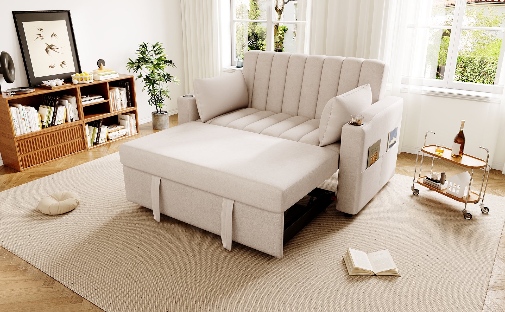 Canapé moderne 2 places - avec porte-gobelets et coussins - Beige ...