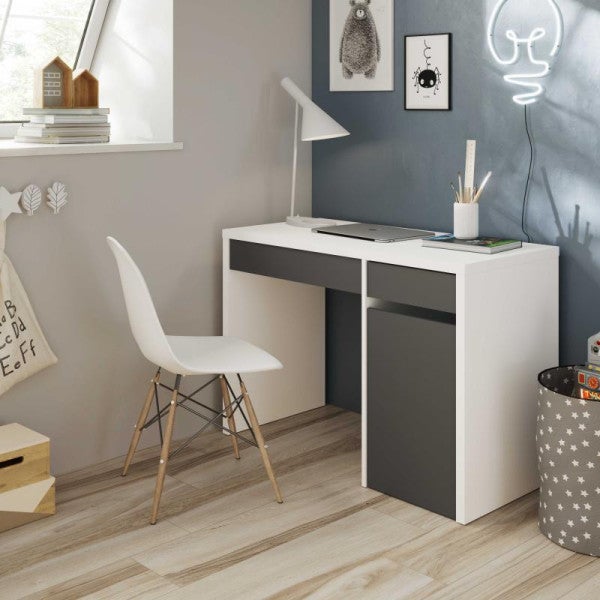 Bureau 1 porte 2 tiroirs Blanc/Gris - PAKAU - L 108 x l 50 x H 75 cm cm ...