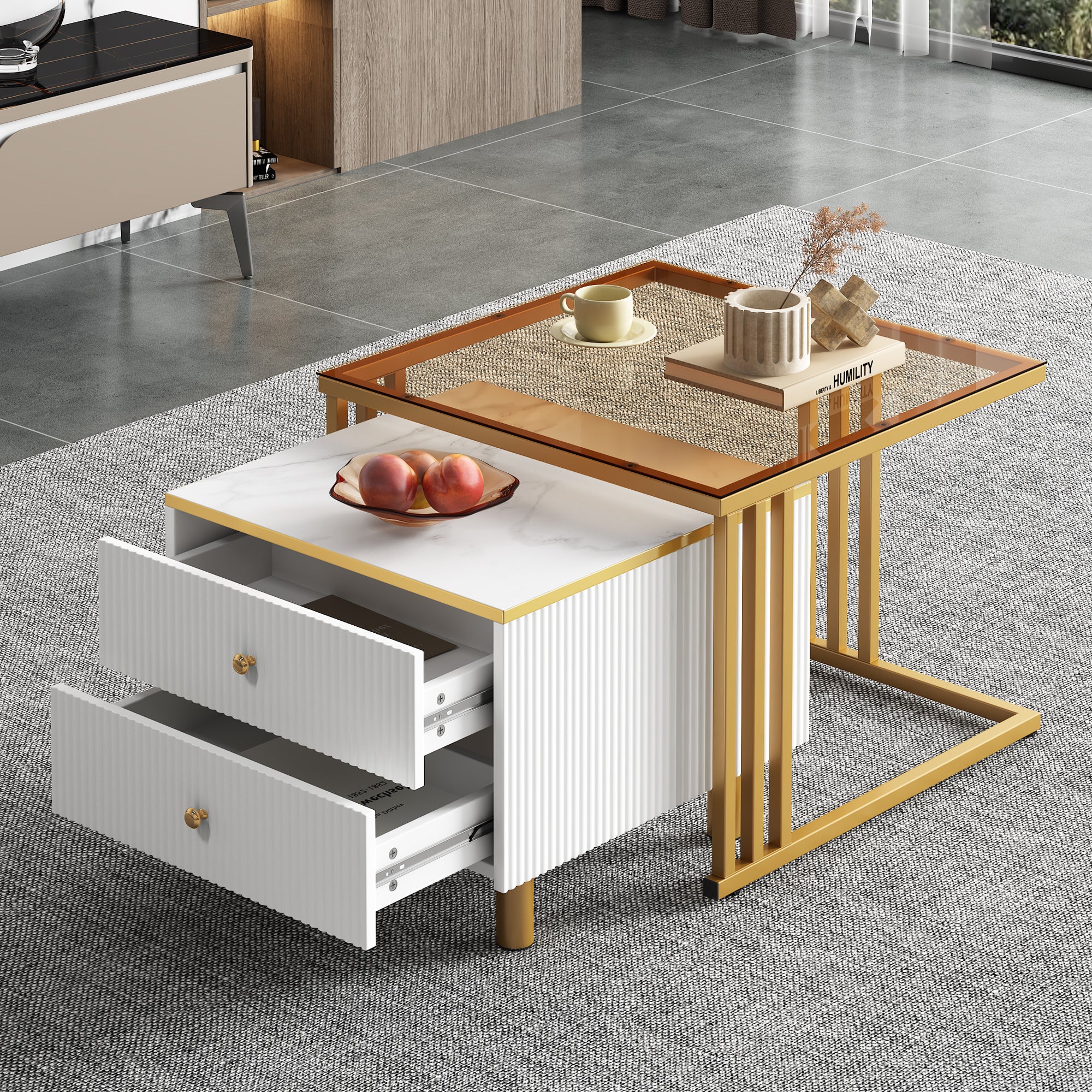 Ensemble de tables basses élégantes 2 pièces, tables carrées avec verre ...