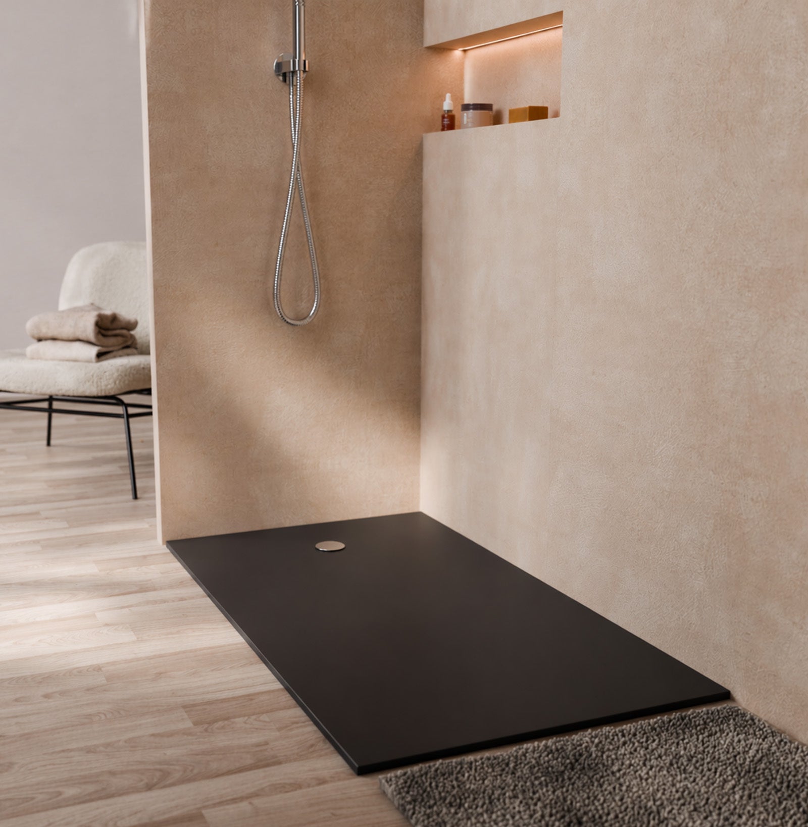 Plato de ducha 160x90x3.3cm en Polibeton negro mate Soft-Touch ...