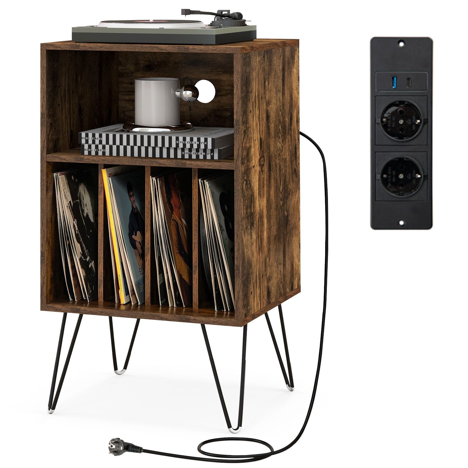 Meuble Tourne-Disque Vinyle avec Prise,Table d’Appoint avec Station de ...