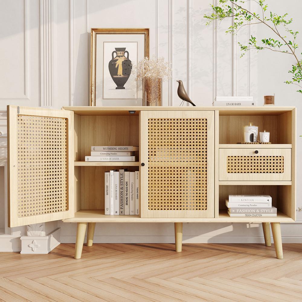 Buffet 120 cm avec tiroirs et portes coulissantes en rotin | Leroy Merlin