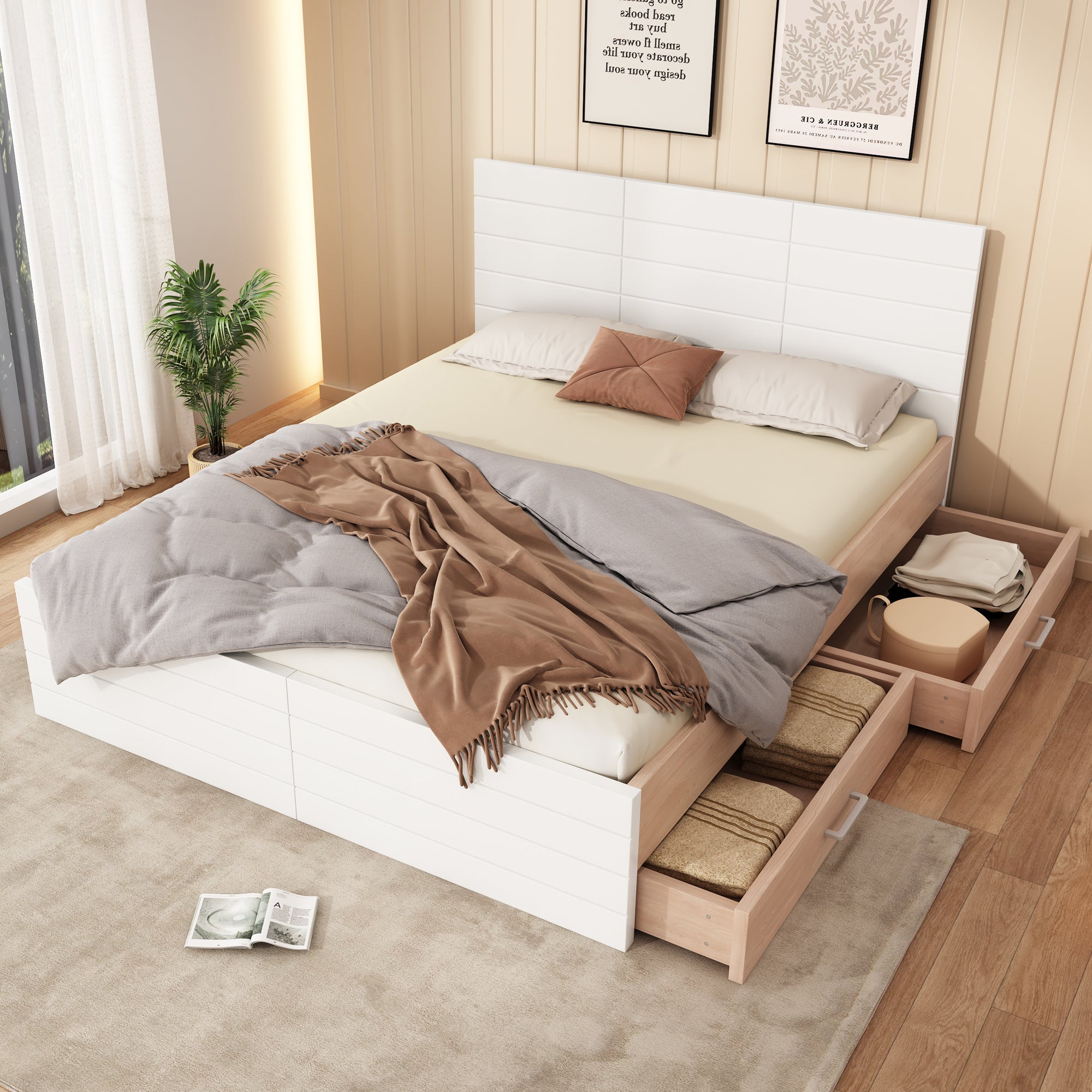 Cama doble de madera de 160×200 cm con 2 cajones, moderna cama que incluye estructura de cama y ...