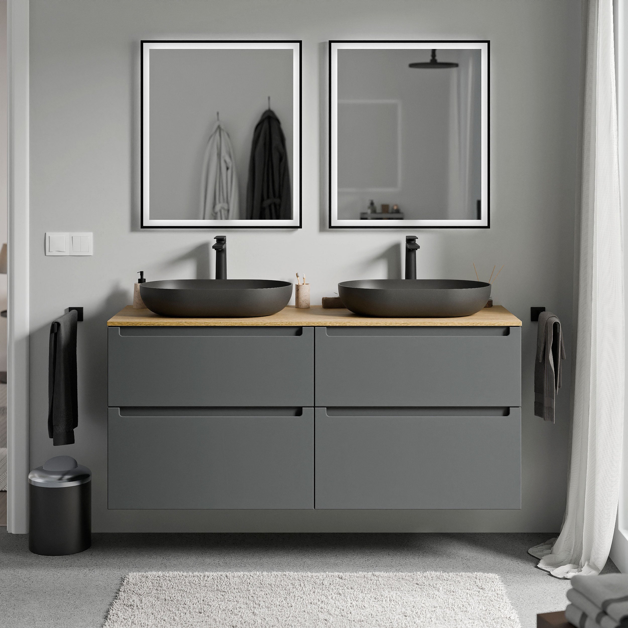 BERNSTEIN - Mueble lavabo suspendido MDF antracita mate, encimera de ...
