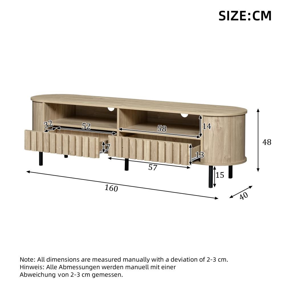 Meuble TV 160 cm bois naturel, 2 tiroirs + 2 niches, 5 pieds, pour ...