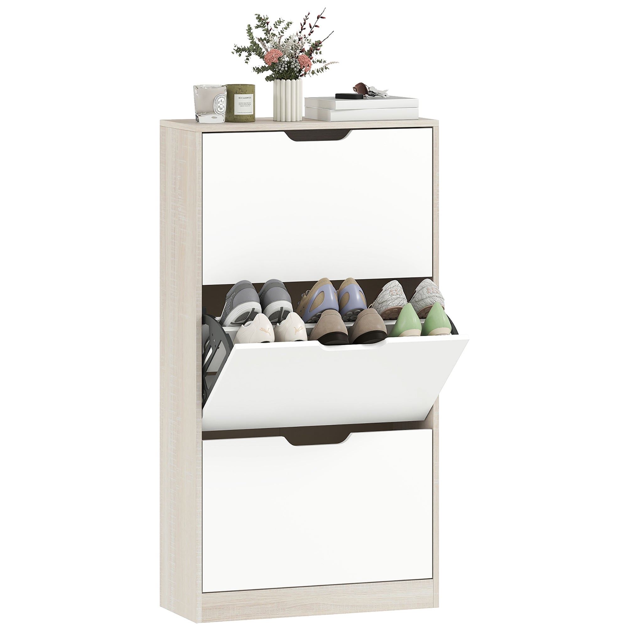 Mueble zapatero estrecho, 3 puertas abatibles, para 18 pares de zapatos ...