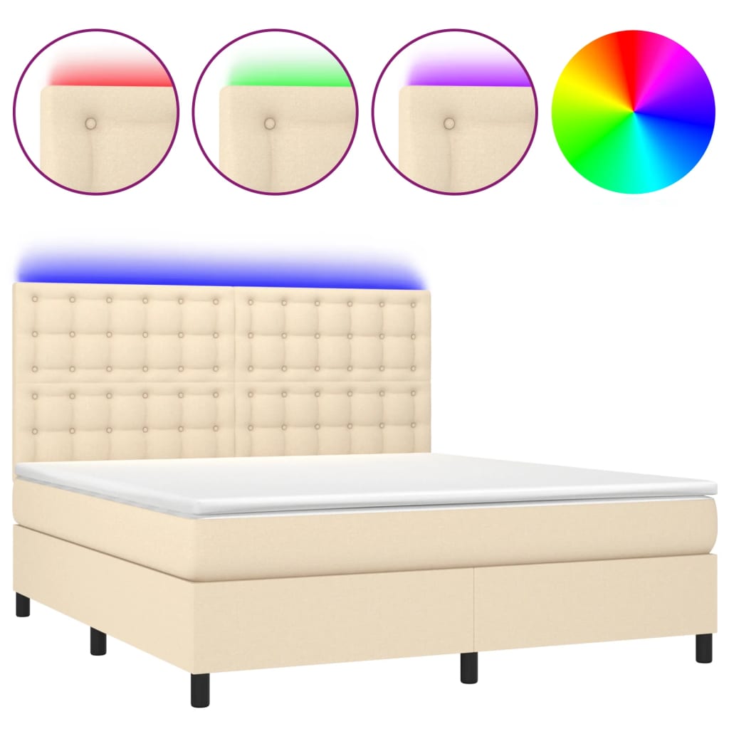 Lit boxspring avec matelas et lumières LED, tissu crème, 180x200 cm ...