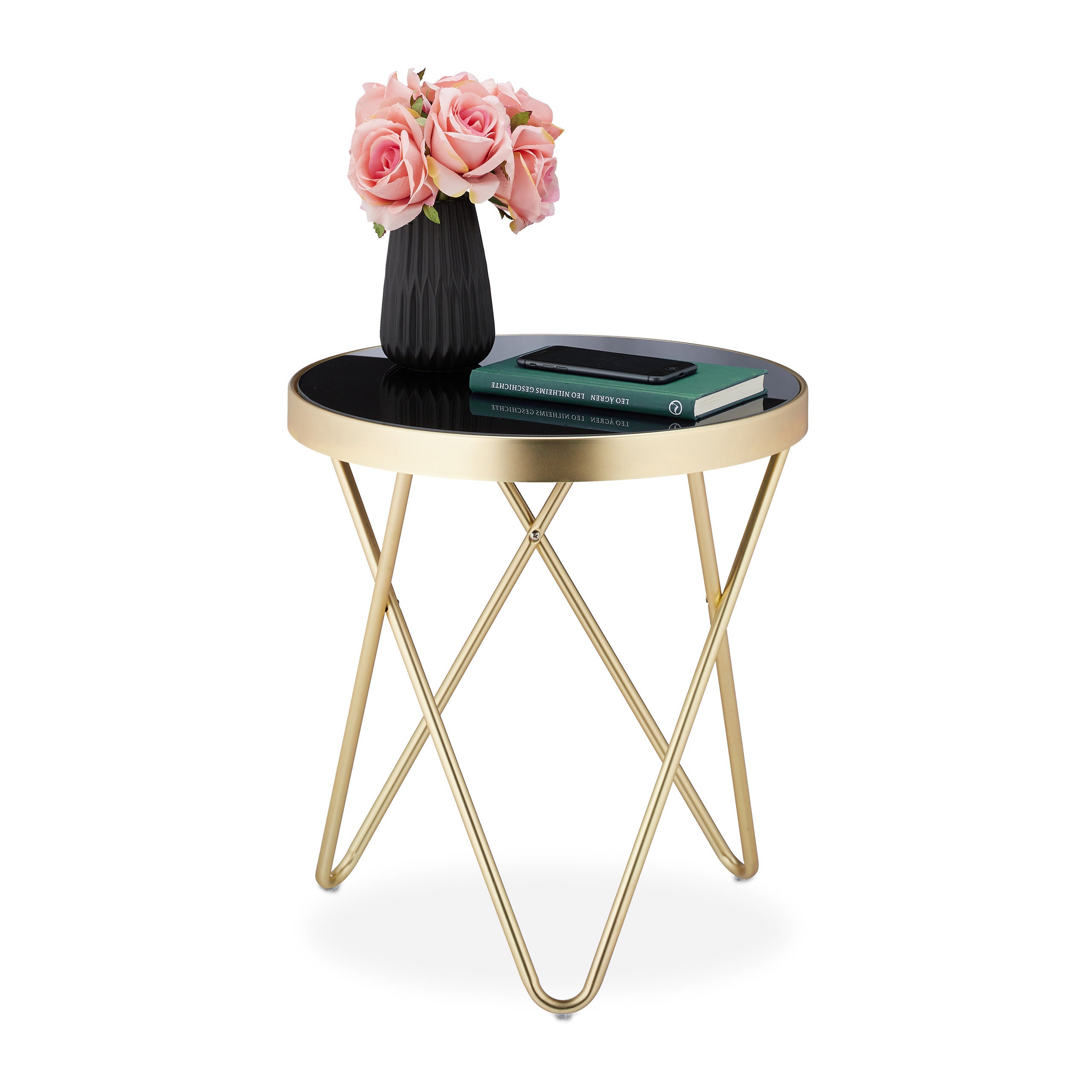 Relaxdays Table d’appoint ronde, tendance en métal et verre; brille Design retro, HxD: 46 x 42 ...
