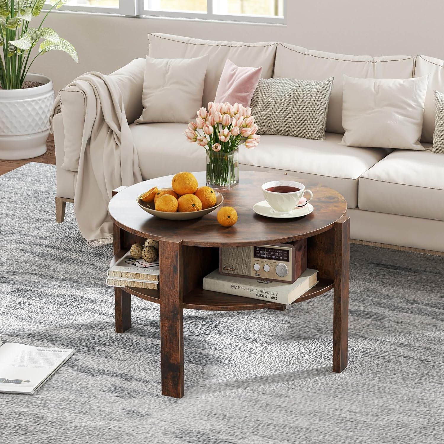 Table Basse Ronde à 2 Niveaux, Table de Salon avec Compartiment de ...