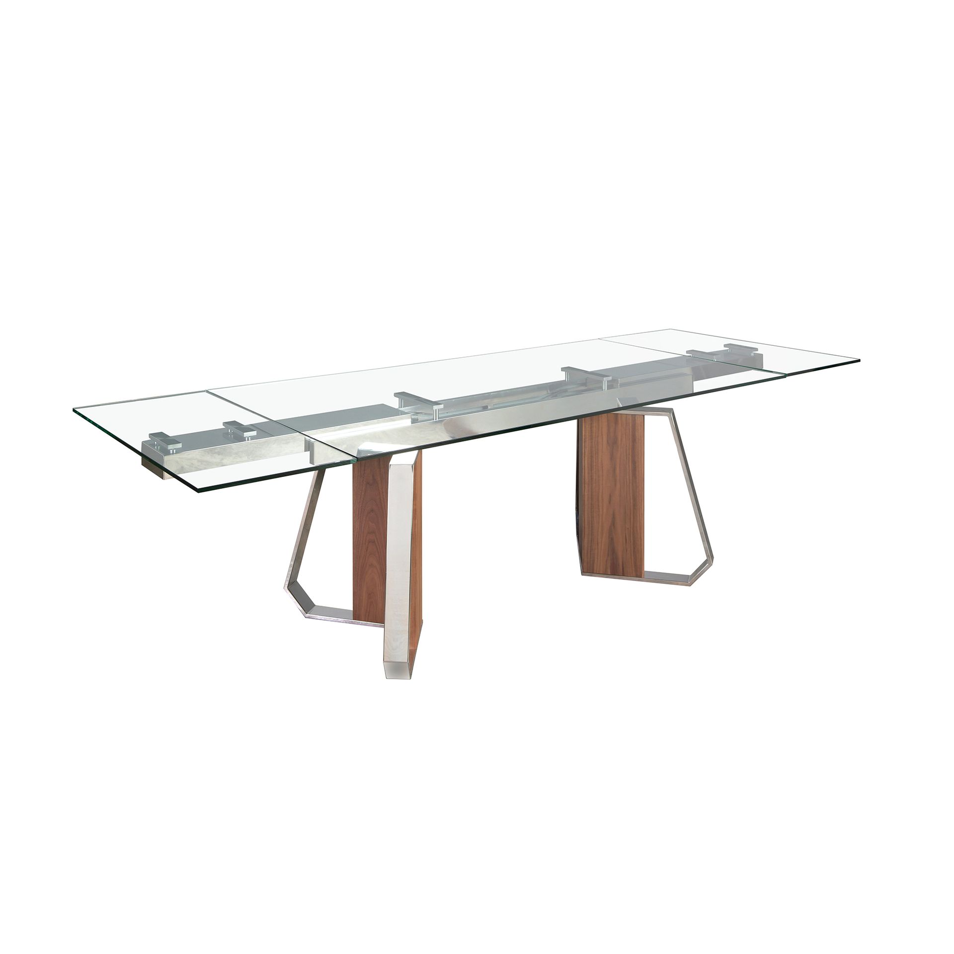 Mesa comedor extensible rectangular cristal templado, nogal y acero ...