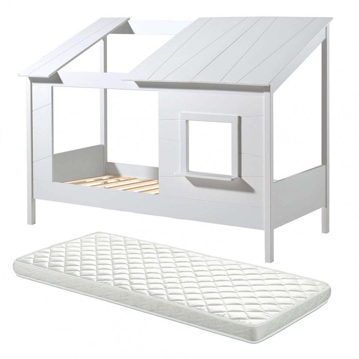 LAKA - Lit Maison 90x200cm Blanc avec Fenêtre + Sommier + Matelas ...