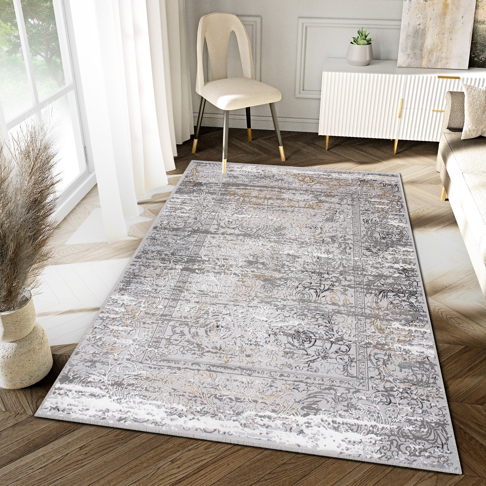 TAPISO Hera Tapis Salon Chambre Brillant Gris Crème Beige Vintage ...