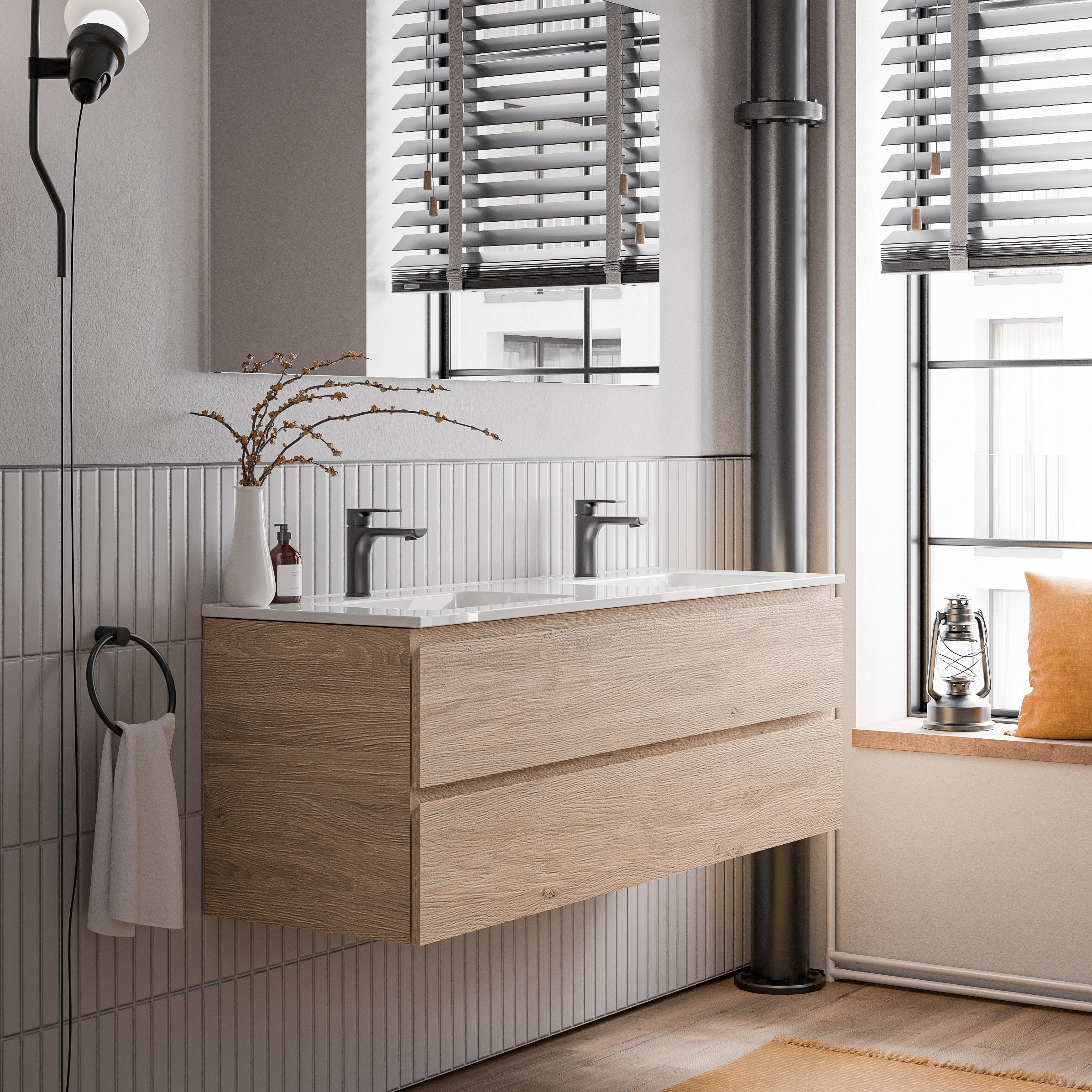 BERNSTEIN - Mueble lavabo doble suspendido MDF Roble Miel, lavabos ...
