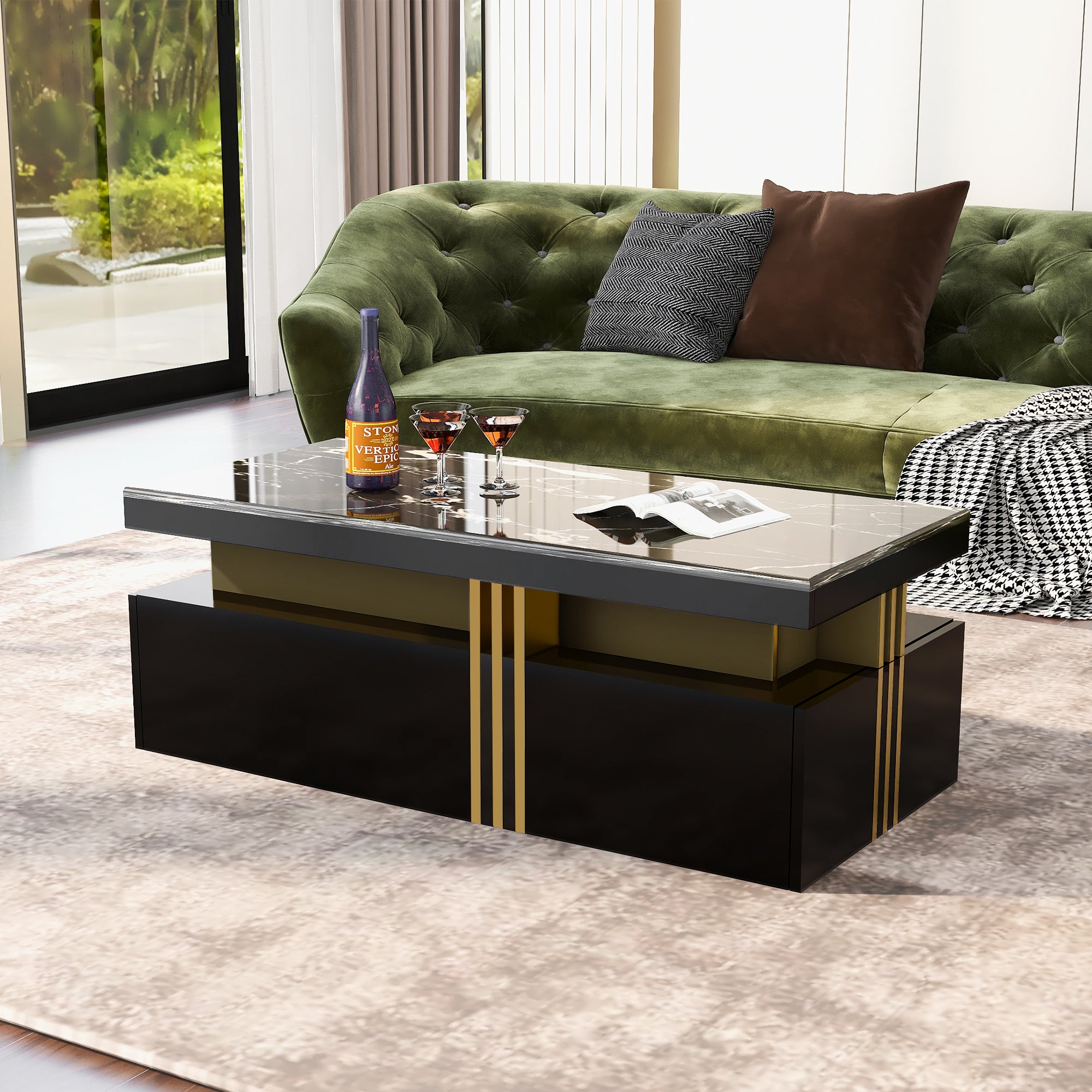 Table basse rectangulaire moderne avec plateau brillant avec 2 tiroirs ...