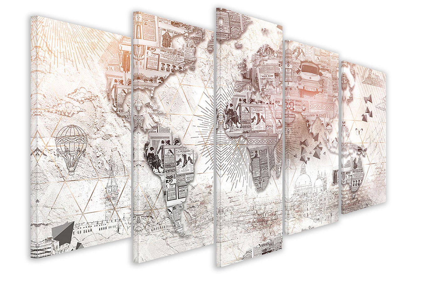 Tableau 5 parties esprit collage en Papier carte du monde - 150x80 cm ...