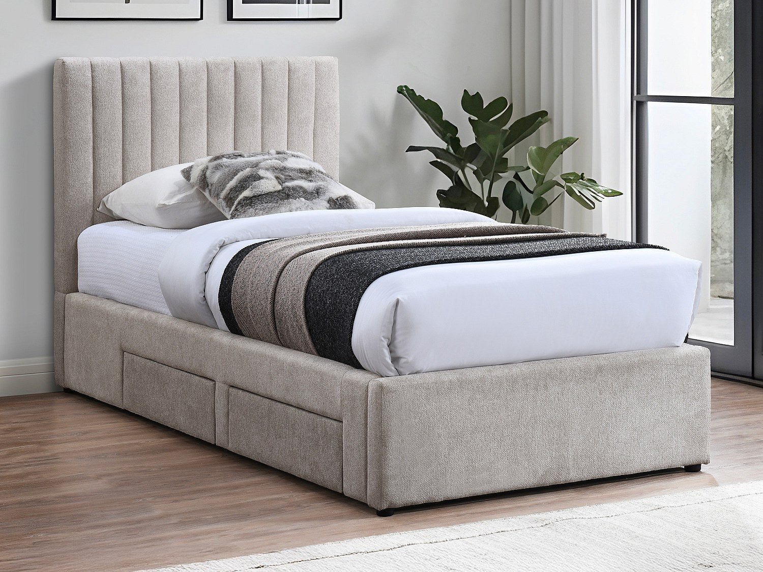 Lit 90 x 190 cm avec 2 tiroirs - Tissu - Beige - SARAH | Leroy Merlin