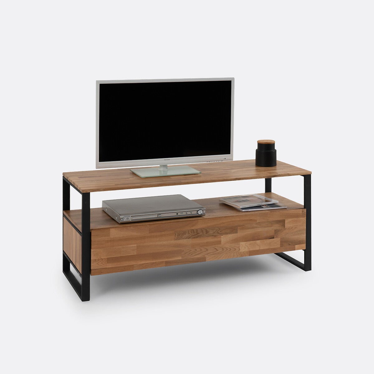 Banc TV, en chêne massif, plaqué chêne et métal acier, HIBA - Naturel ...