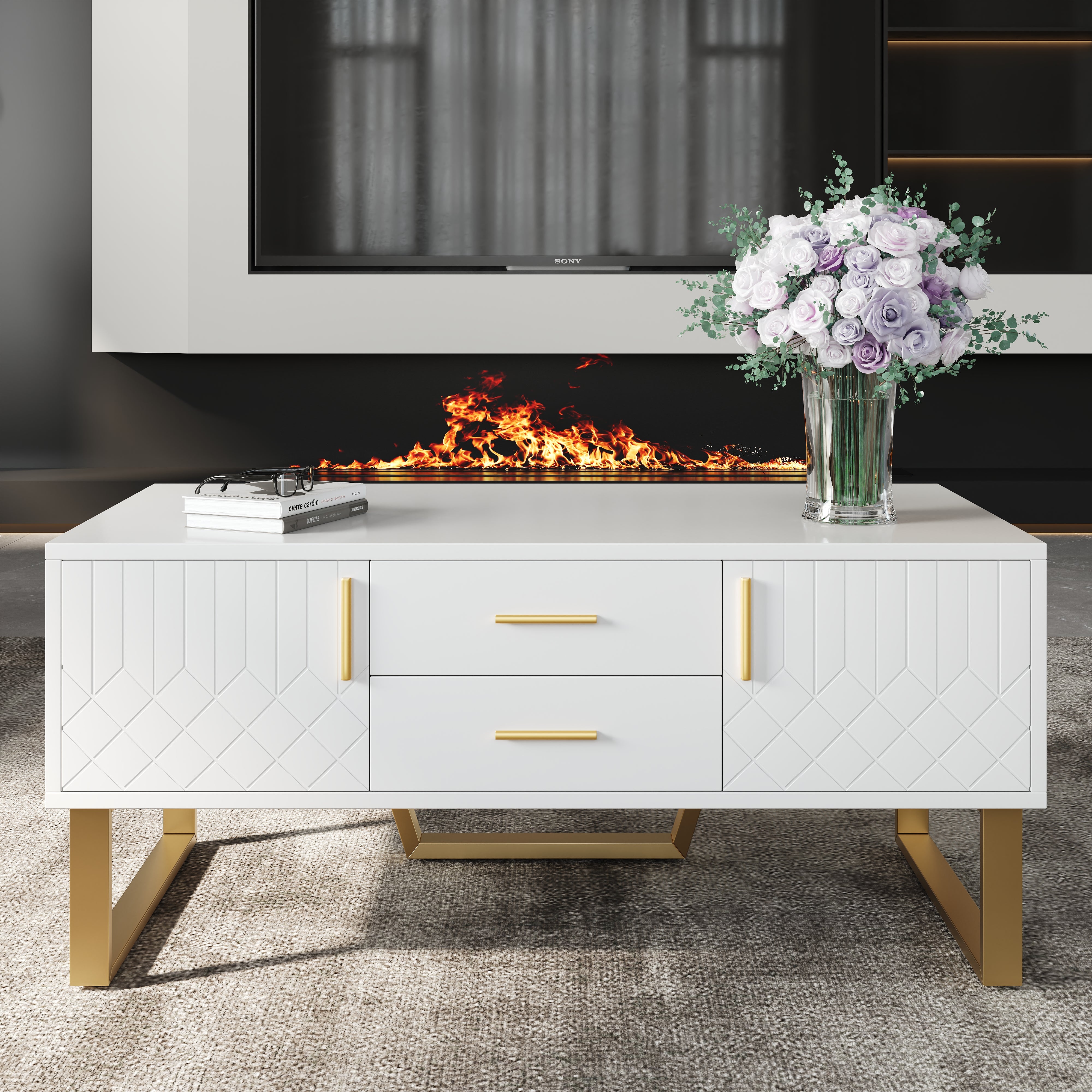 Table Basse Haute Brillance avec Tiroirs et Poignées Dorées, Design ...