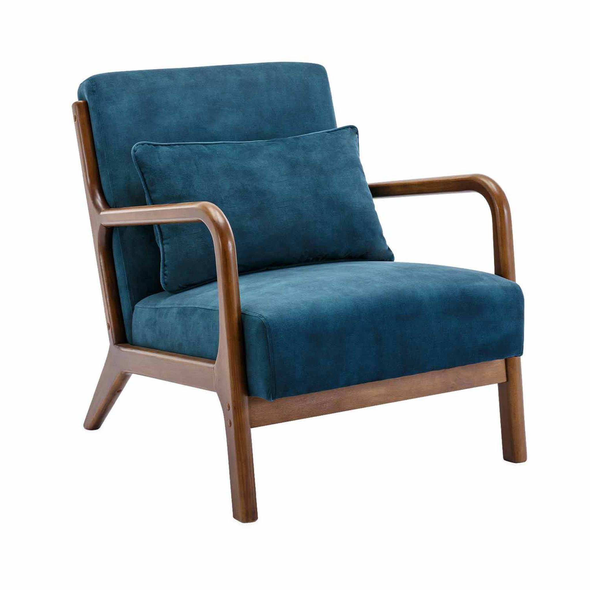 Fauteuil en velours bleu pétrole. pieds bois d'hévéa teinté noyer clair ...