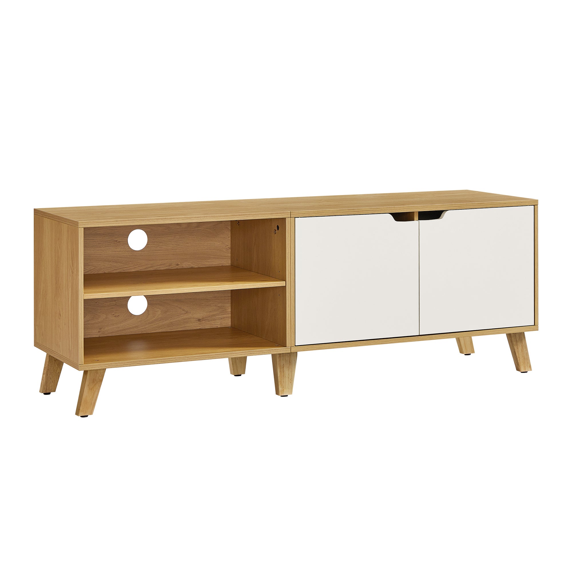 Meuble TV 2 Portes, Longueur 140 cm, Chêne Naturel et Blanc Crème ...