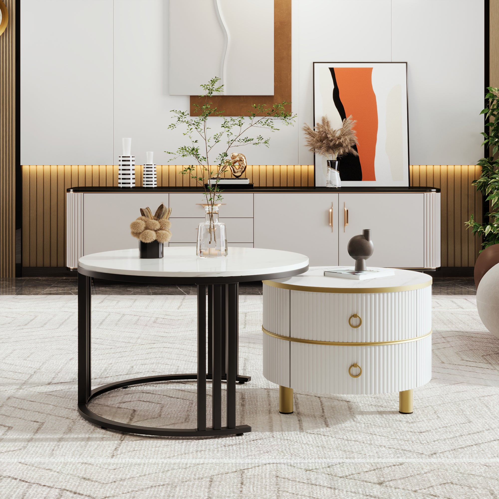 Lot de 2 tables basses empilables avec plateau brillant, 1 plateau en ...