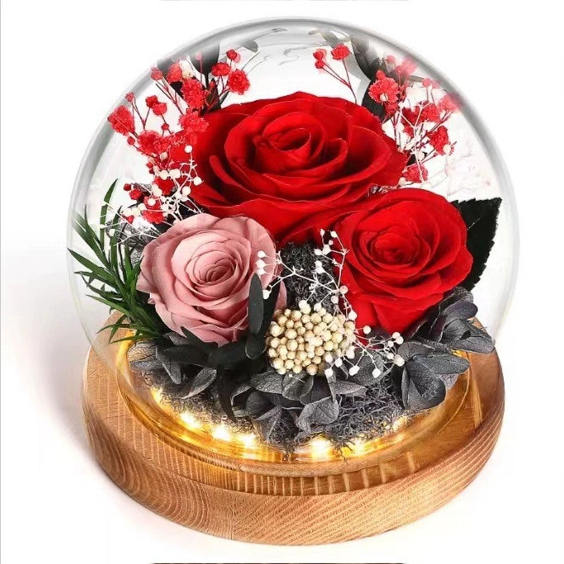 Coffret cadeau de fleurs stabilisées — Dôme sphérique en verre avec ...