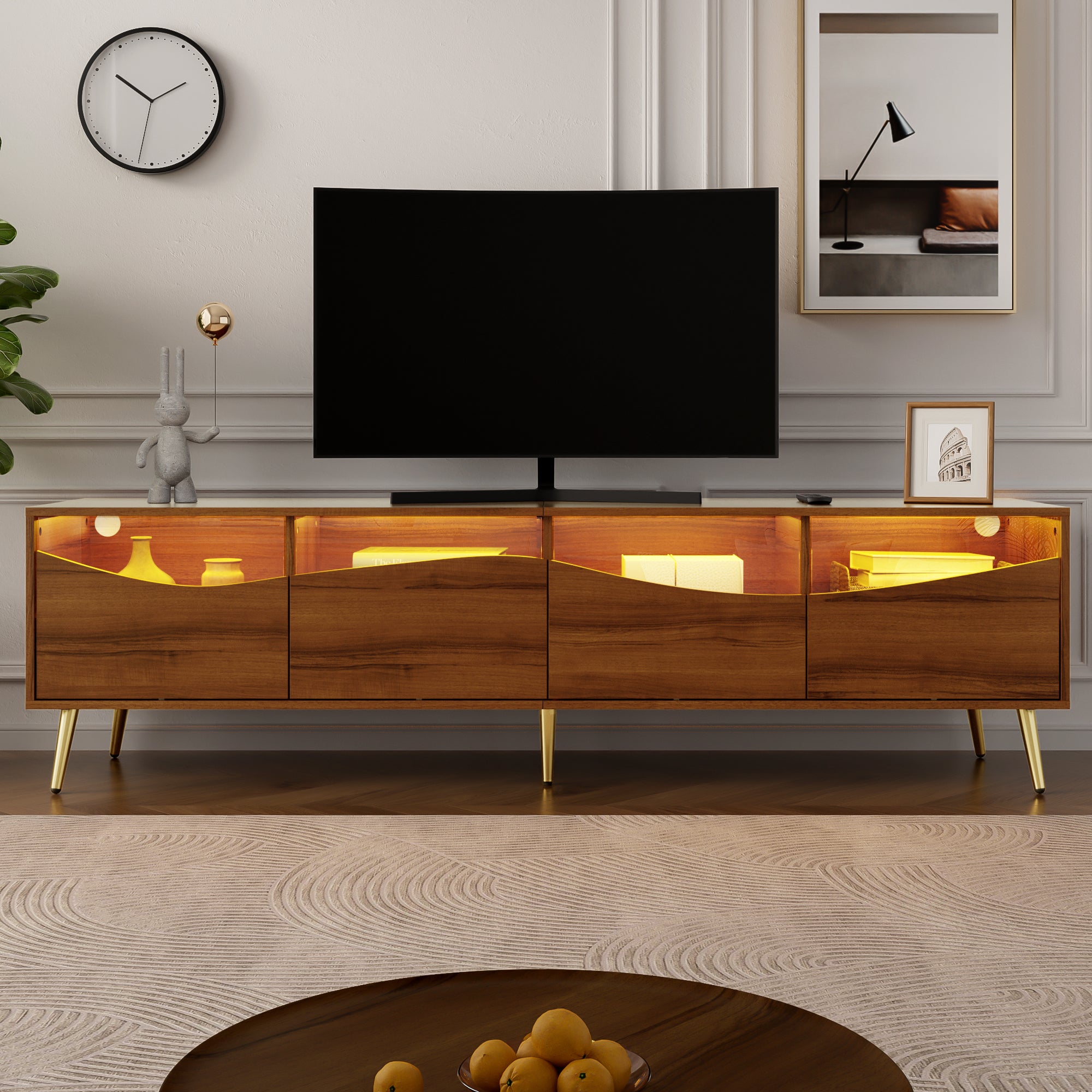 Mueble TV moderno 180x40x50 cm con LED, patas doradas y frontal de ...