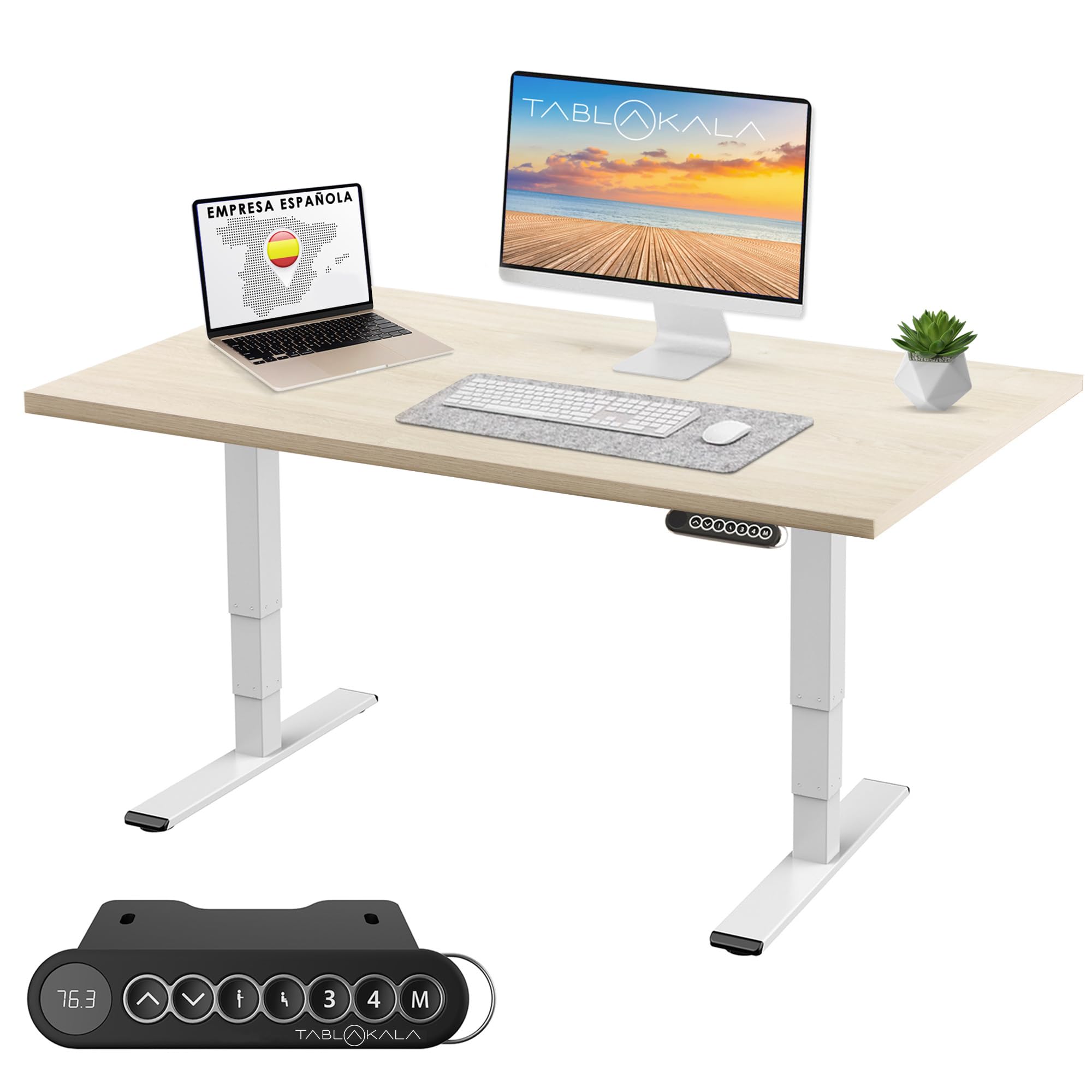 Tablakala Escritorio Elevable 2 Motores | Blanco | Tablero 120x60x3 cm Roble Claro | Ajustable ...
