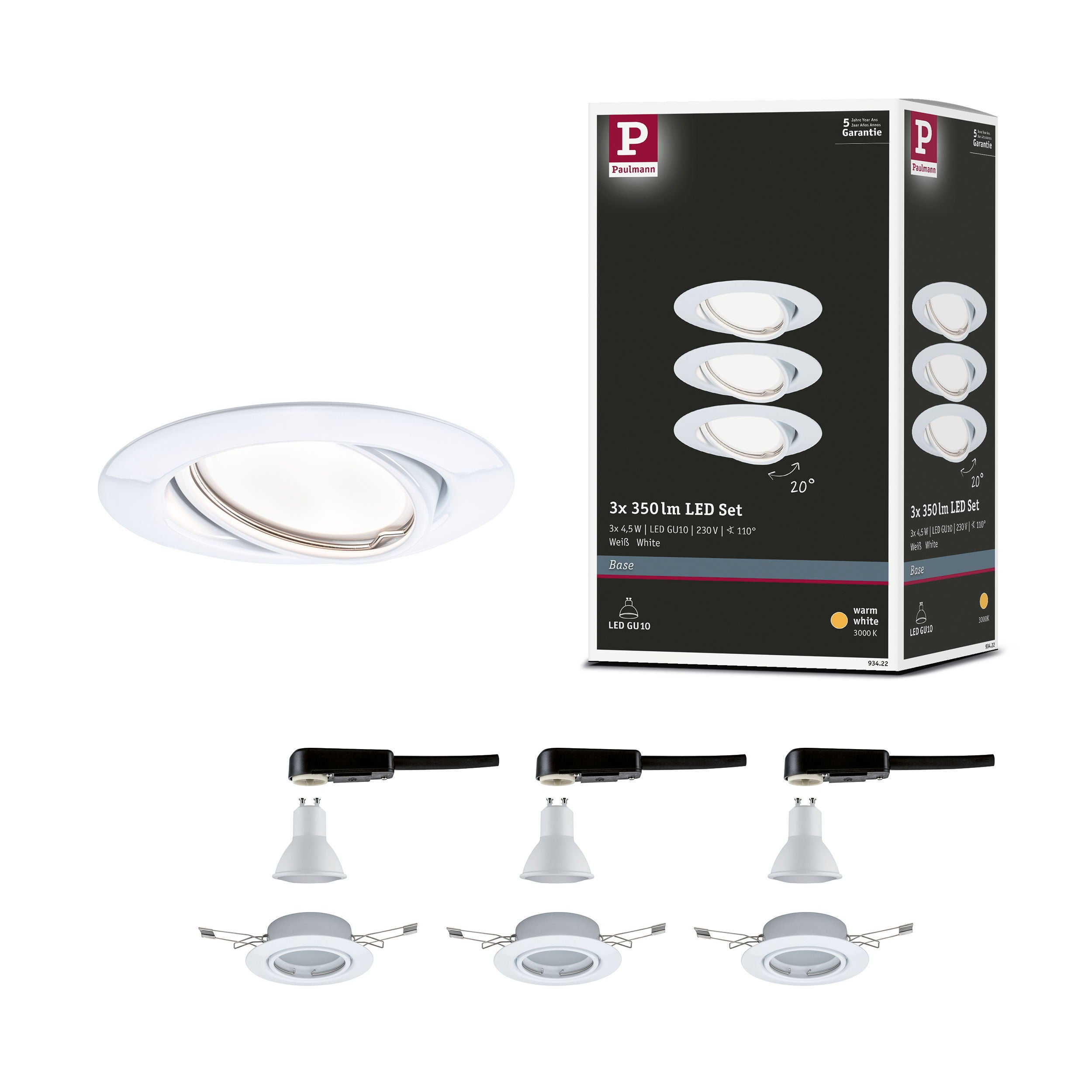 Spot encastré LED Base Kit de base orientable rond 90mm 20° GU10 3x5W ...