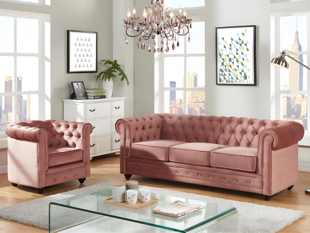 Sofá 3 plazas y sillón de terciopelo CHESTERFIELD - Rosa polvo | Leroy ...