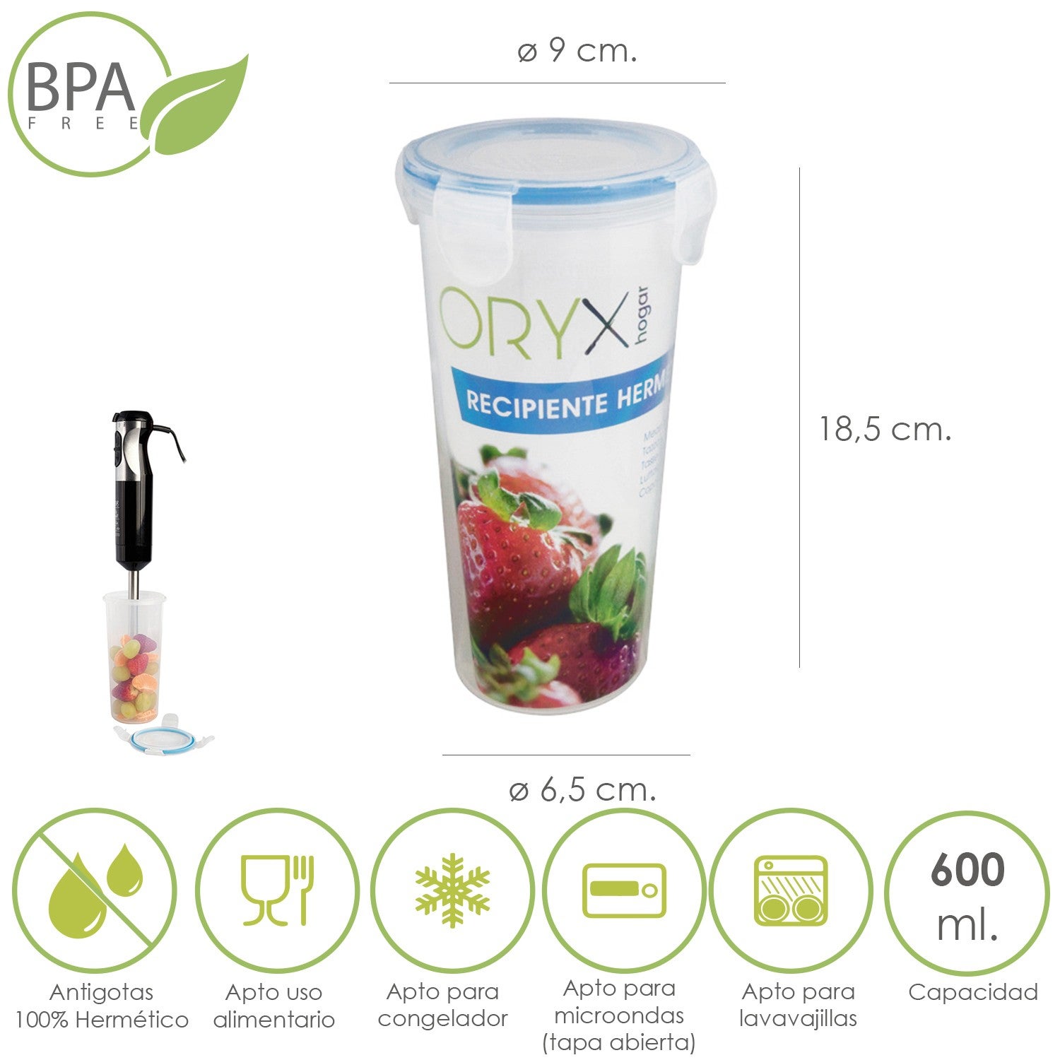 Vaso Recipiente Hermetico Medidor Plastico Redondo 600 ml. Ø 9x18.5 ...