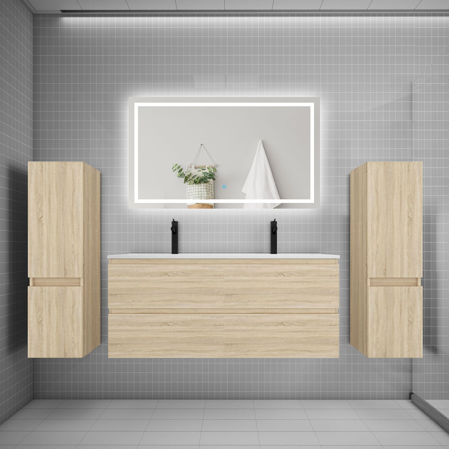 Ensemble meuble de salle de bains 120cm, vasque + colonne + LED miroir ...