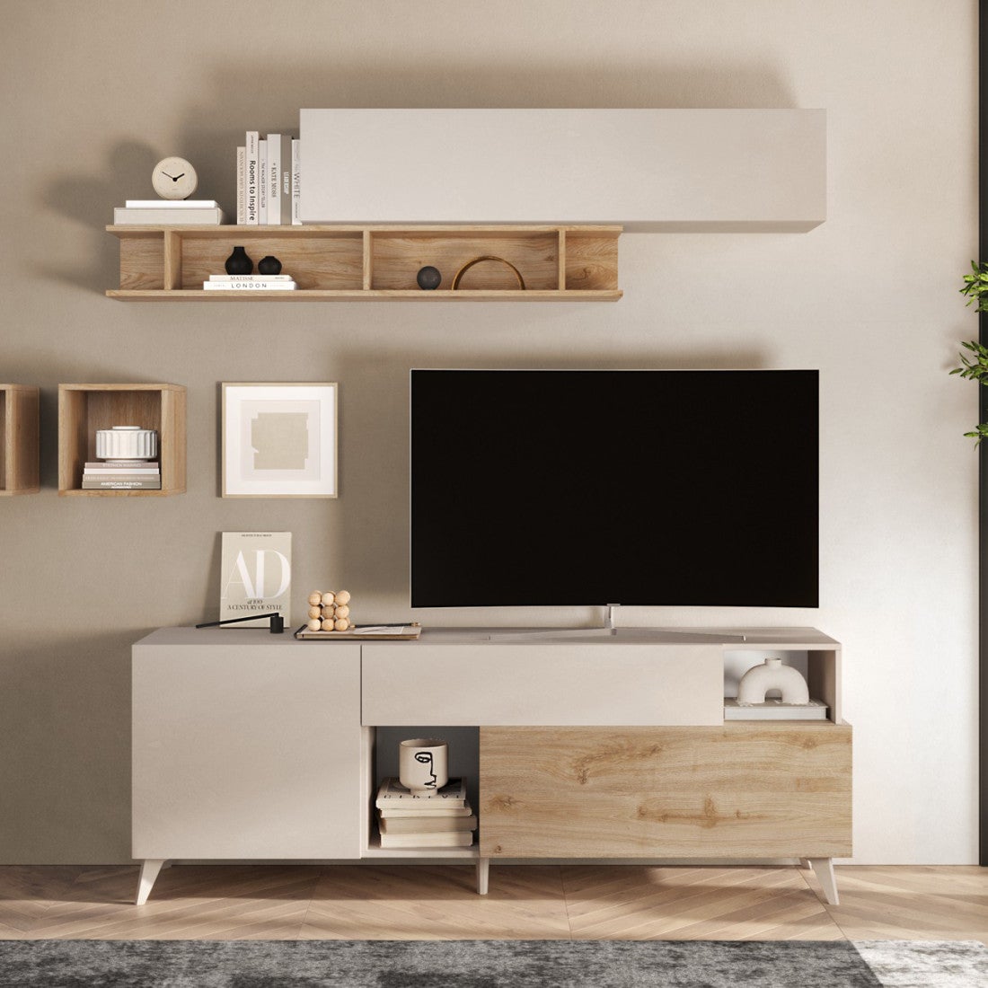 Meuble TV 180 cm Crème/Chêne naturel - PORTOFINO | Leroy Merlin
